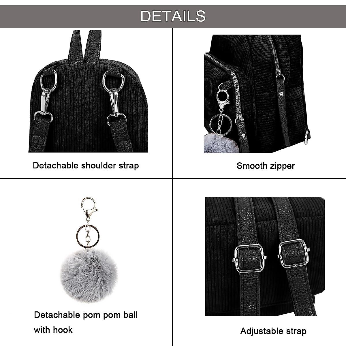 Cute Mini Backpack 3 Way Carry Light-weight Corduroy Casual Daypack Detachable Keyring Fur Pom Pom Ball for Women (black)