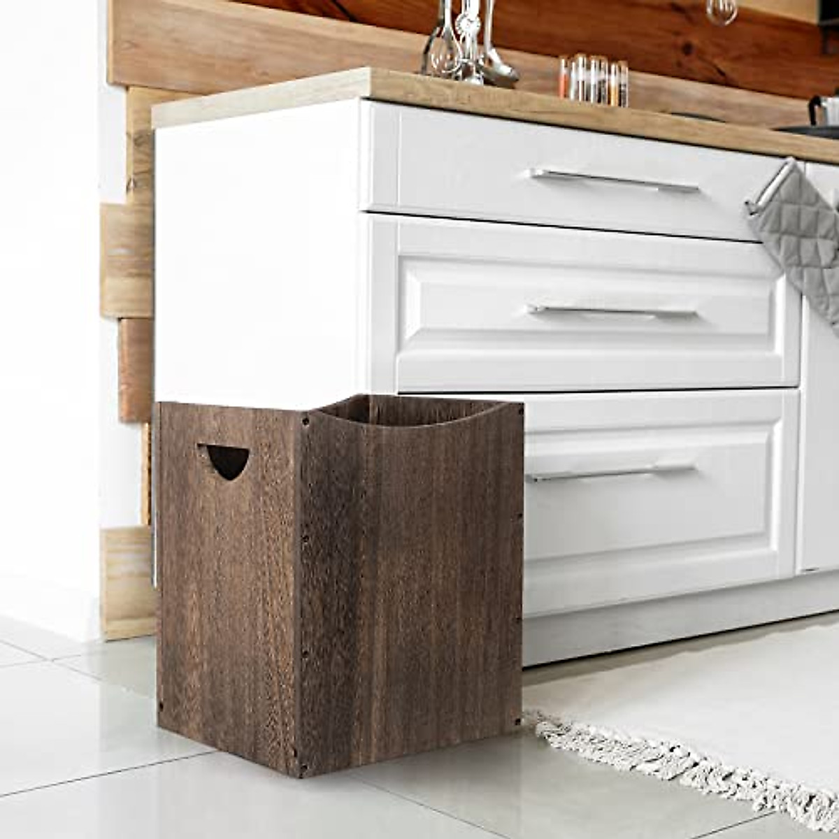Wood Trash Can Rustic Farmhouse Style Wastebasket 5.28 Gallon Trash Can Medium Garbage Bin with Handle for Bathroom Kitchen Living Room Bedroom Office Trash Can