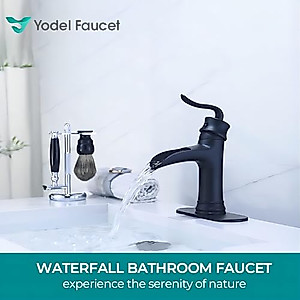 Matte Black Bathroom Sink Faucet Single Hole Waterfall One Handle for Vanity with Brass Pop Up Drain by Yodel Faucet
