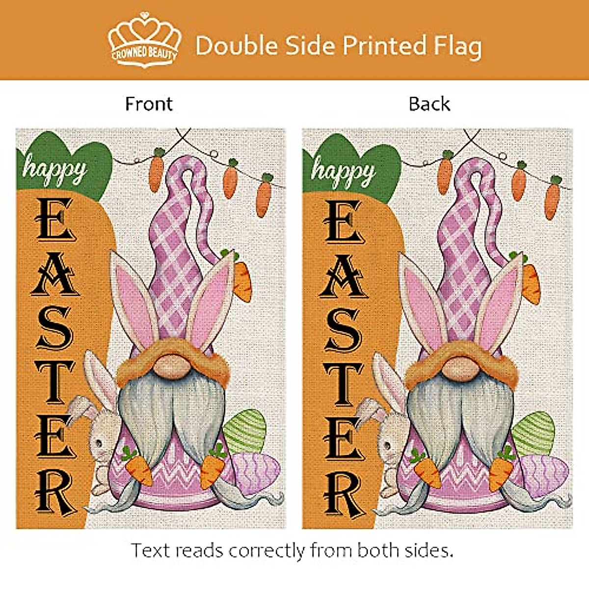 CROWNED BEAUTY Happy Easter Garden Flag Pink Gnome 12×18 Inch Double Sided Carrots Eggs Outside Vertical Holiday Yard Decor