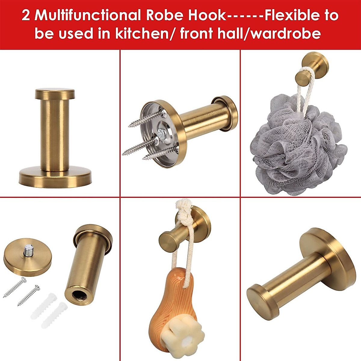 Vanloory 6 Pieces Bathroom Hardware Set 304 Stainless Steel-Towel Rack Set Include Hand Towel Bar+Toilet Paper Holder+4 Robe Towel Hooks Bathroom Accessory Towel Bar Set (Gold, 24IN)