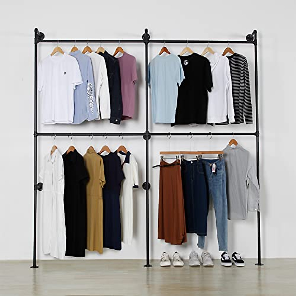 ZGZR Modern Simple Industrial Pipe Double Hanging Rods Clothing Rack, Display Stand Shelves Wall Mounted Garment Rack,Heavy Duty Detachable Garment Bar, 89.8in Black