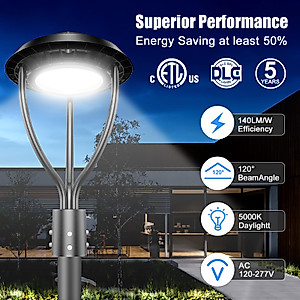 150W LED Post Top Light with Photocell, 150W 120W 90W Adjustable 21000Lm 5000K Outdoor Pole Lights, IP65 Waterproof Post Light Fixtures for Garden Yard Pathway Lighting ETL DLC Listed AC100-277V