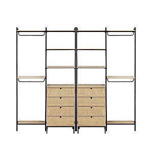 98.04 Inches Closet System, Large Wall Mount Wardrobe Cabinet Clothes Storage and Organizer Heavy-Duty Garment Rack Walk-in Clothes Rack with 8 Natural Rattan Drawers for Bedroom and Walk in Closets