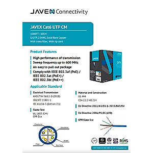 JAVEX 23AWG CAT6 UL Certified [1000 Feet] Solid Bare Copper 600MHz, PoE++ up to 100W, ETL Listed, TAA Compliant, UTP Ethernet Bulk Cable, Blue