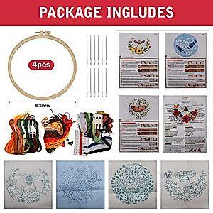 Embroidery Kit for Beginners, Butterfly Bee Flower Embroidery Starter Kit for Adults, 4 Sets Cross Stitch Practice Kits for Craft Lover, Including 4 Embroidery Hoop, Colored Threads and Needles