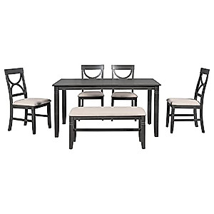 WOZNLA Room 6-Piece Farmhouse Dining Set | Rustic Wood Table with Cushioned Chairs, Bench, and Sturdy Base | Family-Friendly Kitchen Furniture | Comfortable Seating for Memorable Meals, Gray