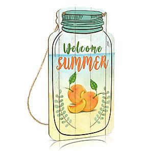 Putuo Decor Yellow Peach Mason Jar Sign, Summer Fruit Decorations for Garden, Yard, Patio, Porch, Front Door, 8.3x4.5 Inches Hanging Wall Plaque - Welcome Summer
