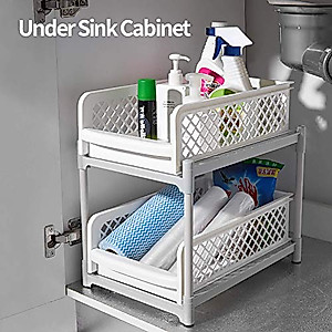 KUSARKO Under Sink Organizers and Storage for Kitchen Bathroom, Medicine Cabinet Organizer, 2 Tier Shelf Organizer with Sliding Storage Drawer, Plastic Pull Out Pantry Organization and Storage
