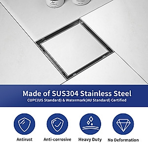 Bernkot Square Shower Drain 6", Brushed Floor Drain with Tiled Insert Grate & Hair Strainer, 304 Stainless Steel Bathroom 2-in-1 Tiled in Drain, CUPC Certified