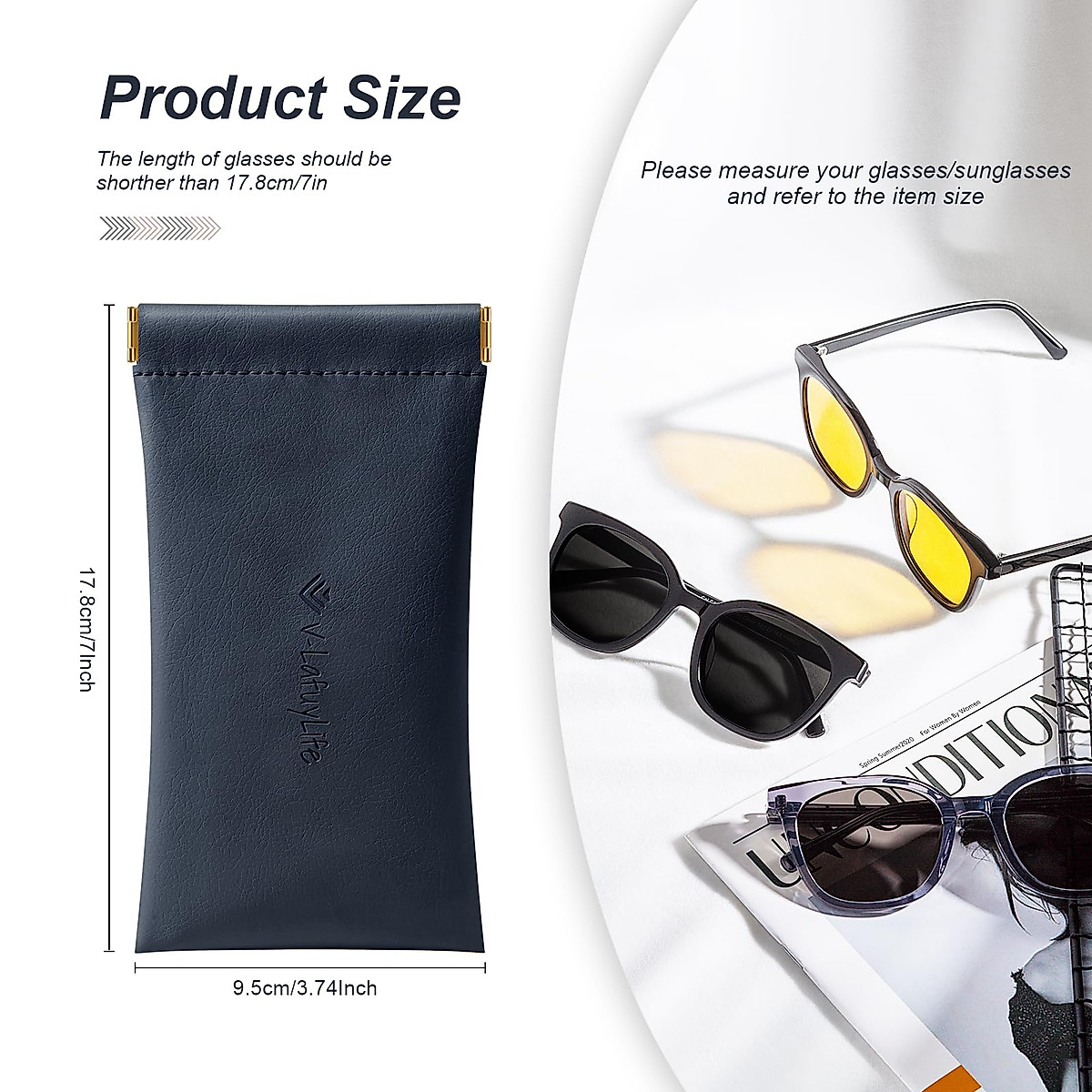 V-LAFUYLIFE Glasses Case Soft 2 Pack - Portable Leather Squeeze Top Eyeglass Case Anti-Scratch Soft Sunglasses Case for Women.(Pink/Blue)