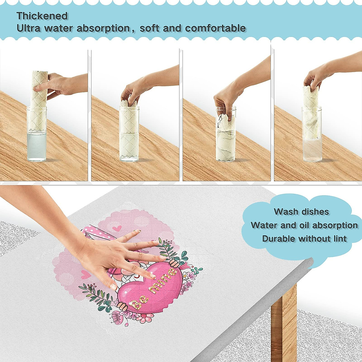 VIGTRO Be Mine Valentine Kitchen Towels Super Absorbent,Cute Cartoon Gnome Premium Dish Cloths Towels, Washable Fast Drying Dish Rags Reusable Cleaning Cloth 11x11 6 Pack