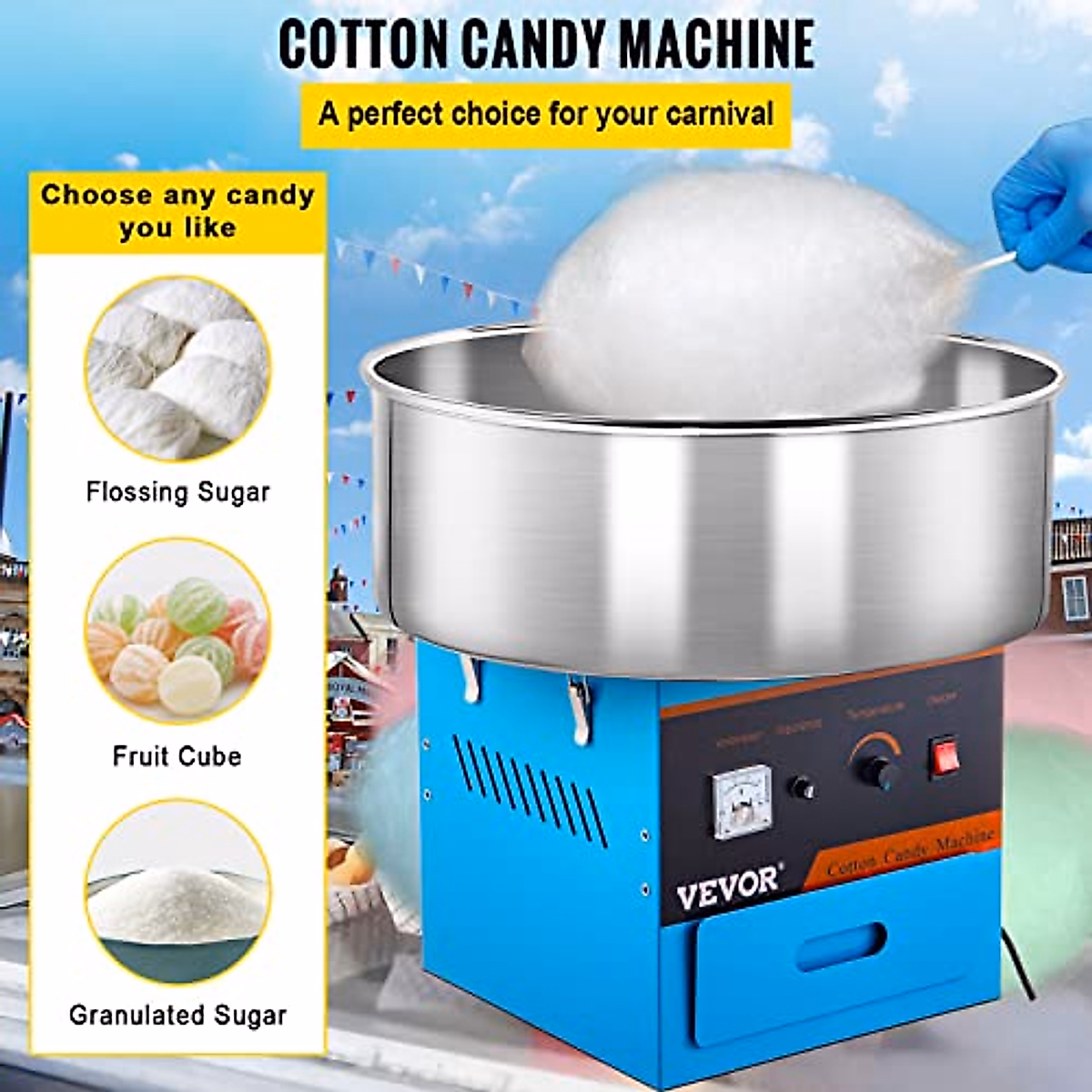 VEVOR Commercial Cotton Candy Machine, Electric Floss Maker with Stainless Steel Bowl Sugar Scoop and Large Storage Drawer, for Home Party Carnival, Without Cover, Blue