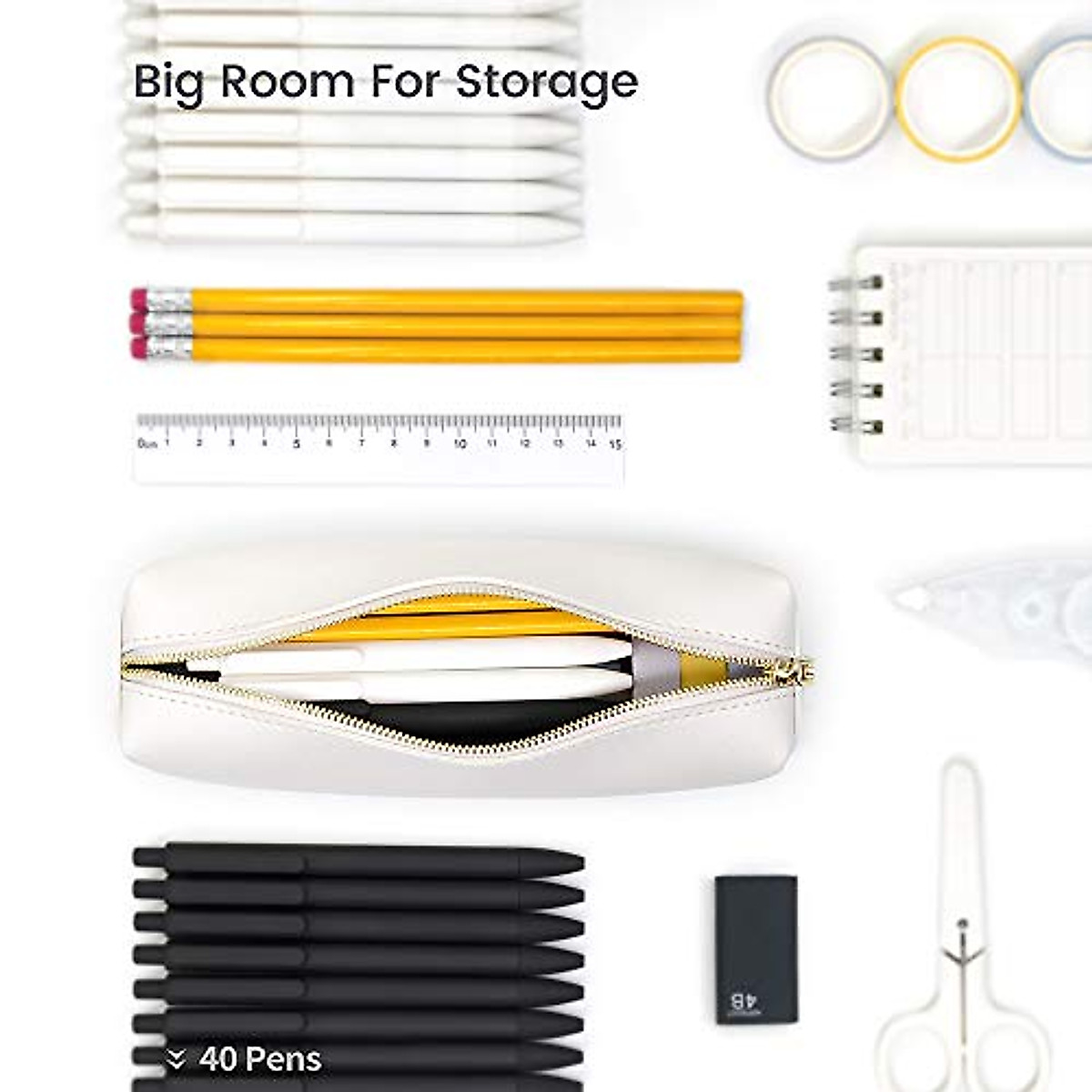 DOBMIT PU Pencil Pen Case Portable Stationery Bag Big Capacity Pencil Pouch Cosmetic Organizer Bag for Student Girl or Boy- Beige