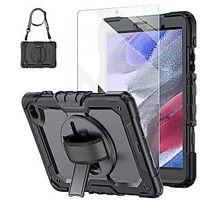 BLOSOMEET Case for Galaxy Tab A7 Lite 2021 8.7 Inch with Tempered Glass Screen Protector Pencil Holder, Kids Cover for Samsung Tablet A7 Lite SM-T225/T220/T227 with Hand Shoulder Strap Stand, Black