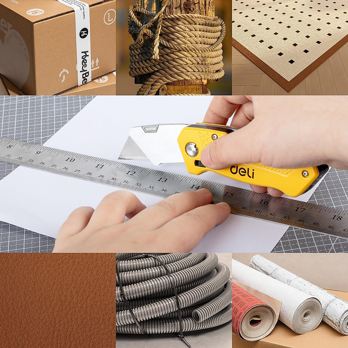 deli Folding Utility Knife Box Cutter Quick Change Blades, Back-lock Small Utility knife, Portable Belt Clip, with 5-Piece Extra Blades, Yellow