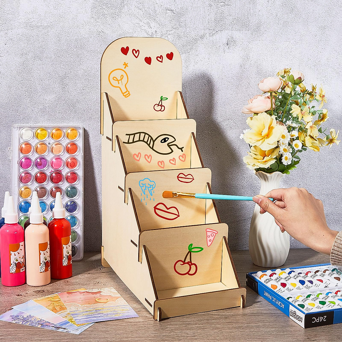 DoubleFill 4 Tier 4 Shelves Greeting Card Display Stand Sticker Display Stand Wood Portable Card Display Rack Multipurpose Greeting Card Holder Wooden Sticker Display Stand for Cards Stickers Photos