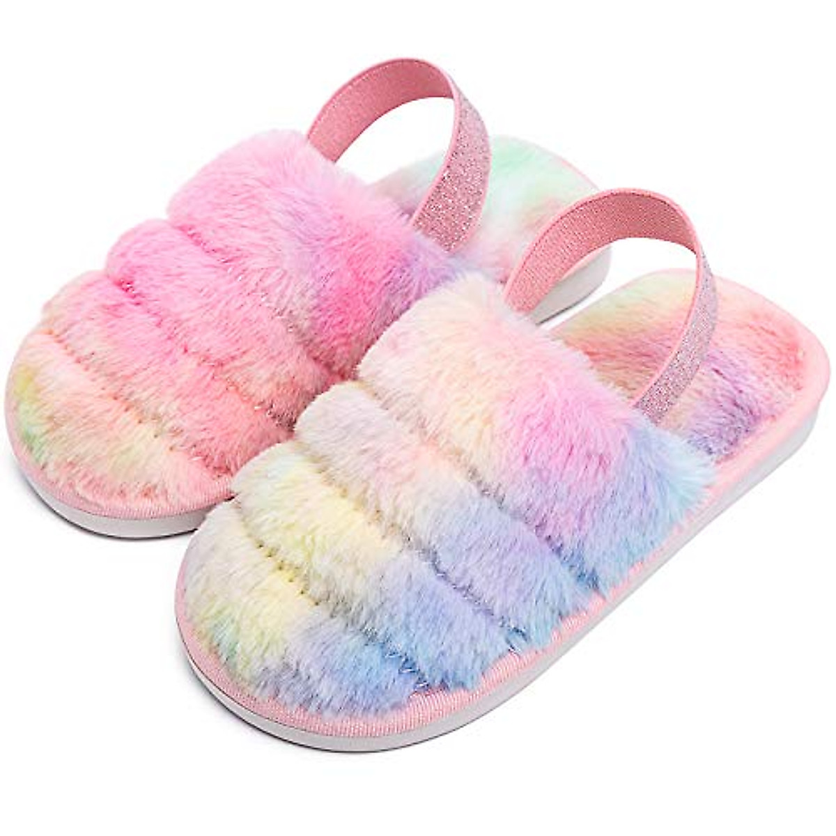 Kids Fluffy Fuzzy Slippers Rainbow Color House Home Slippers for Boys and Girls Faux Fur Slides with Strap Little Kids Slip-on Shoes