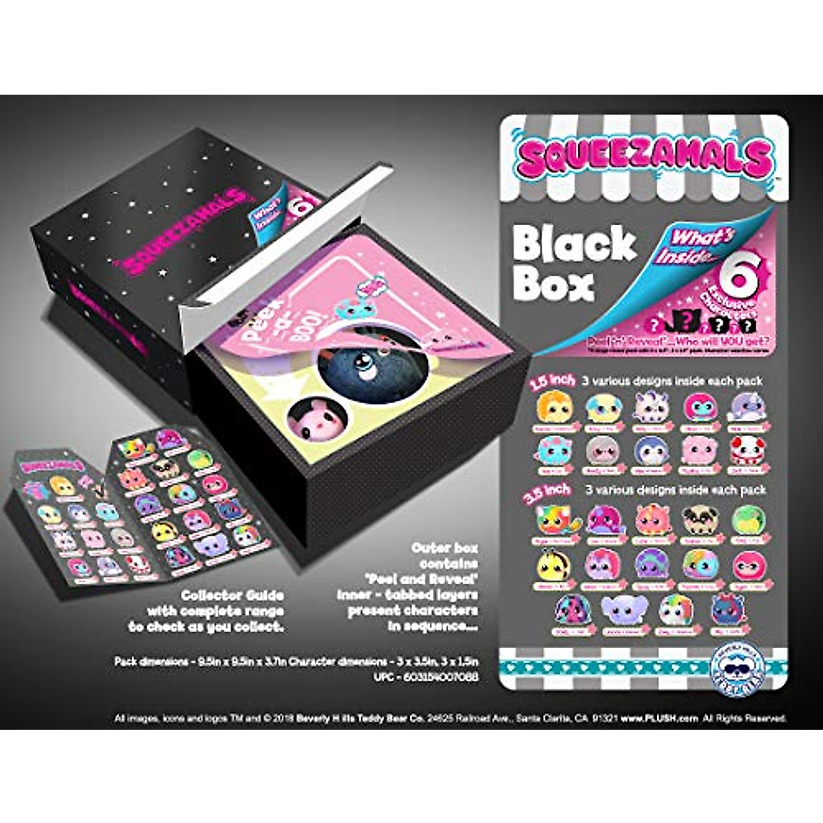 Squeezamals Mystery Black Box Collector Pack- 6 Exclusive Characters- The Mystery is 100% of The Fun! Perfect for Your Little One to Surprise with These Mini plushies! Peel and Reveal