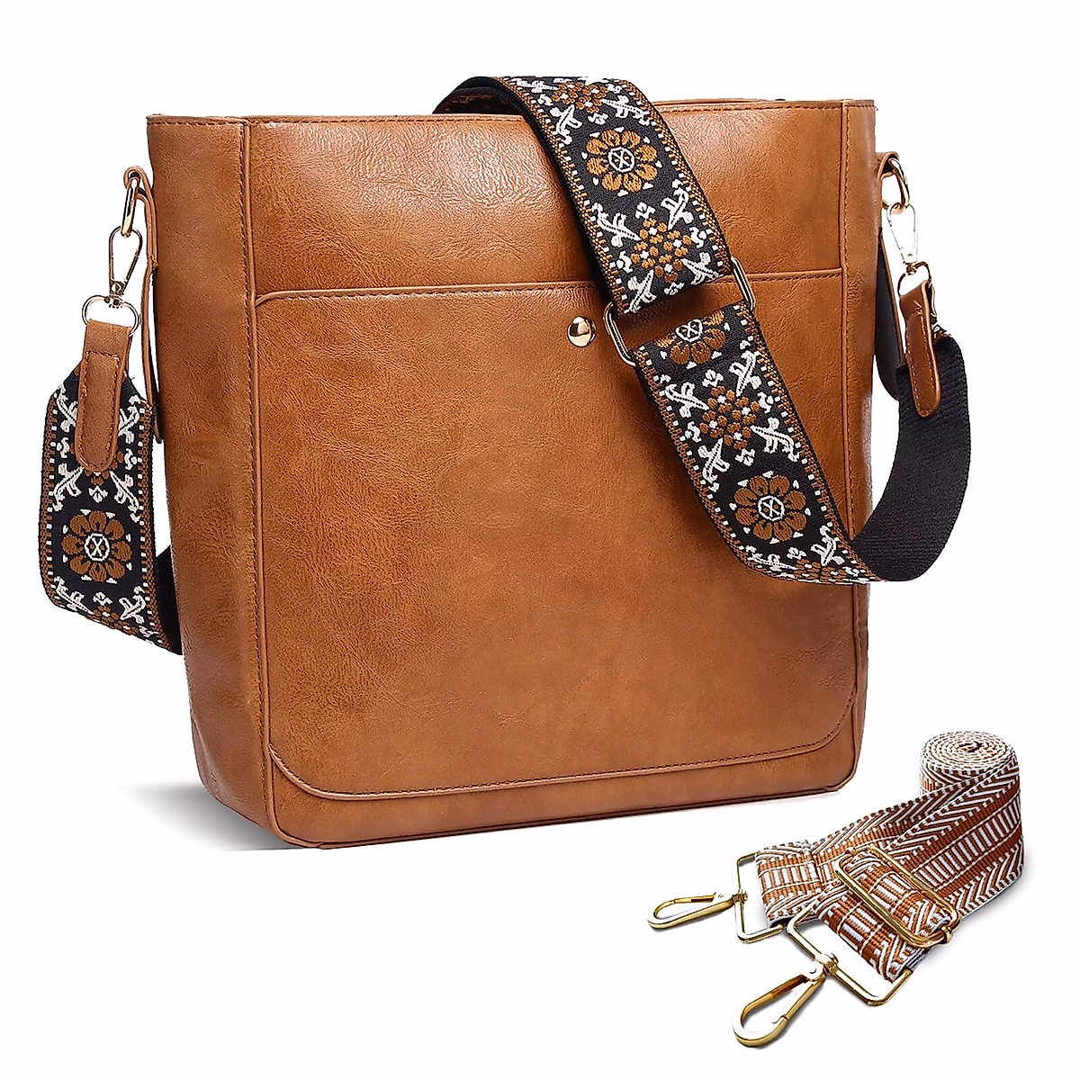 JCWhome Crossbody Bags for Women Trendy Vegan Leather Women's Hobo Handbags Purses Shoulder Bucket Bags with 2PCS Adjustable Guitar Straps