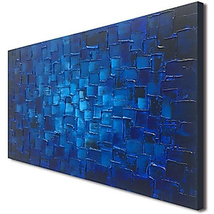 Gongyuanyihao Arts Modern Textured Abstract Squares Canvas Wall Art Hand Painted Artwork Dark Blue Oil Painting Picture for Home Decoration Framed Ready to Hang 48x24inch