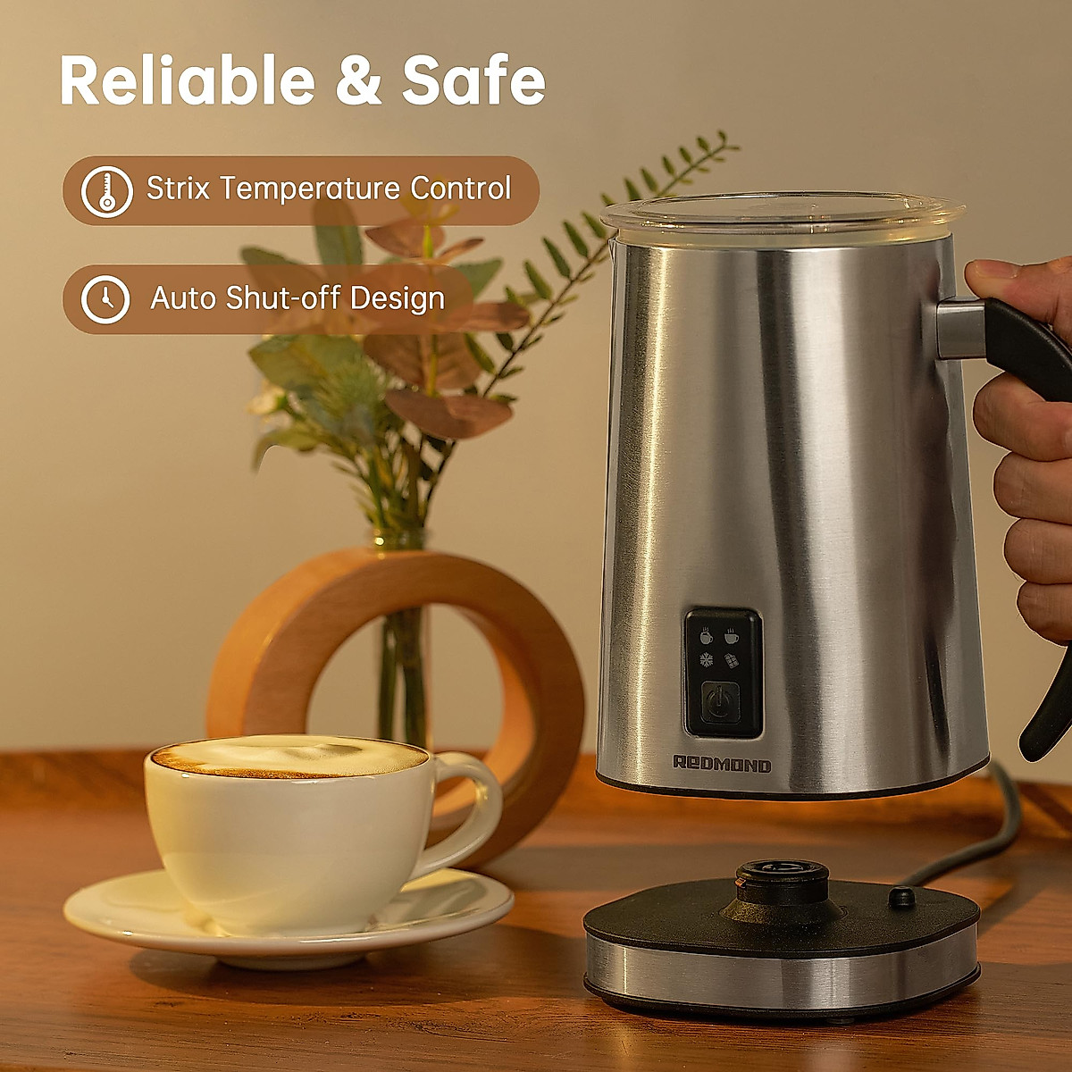 REDMOND Electric Milk Frother, 4-in-1 Detachable Milk Frother for Coffee Stainless Steel, 8.1oz/240ml Hot and Cold Foam, Milk Steamer for Latte, Cappuccino, Hot Chocolate