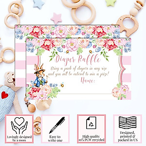 Little Rabbit Floral Themed Diaper Raffle Tickets for Girl Baby Showers, 20 2" X 3” Double Sided Insert Cards for Games by AmandaCreation, Bring a Pack of Diapers to Win Favors & Prizes!