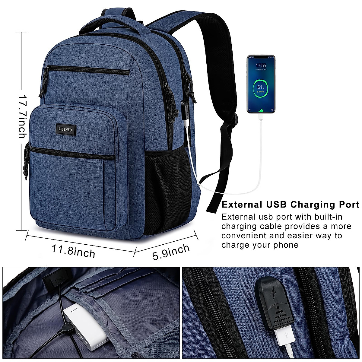 LIBENED School Backpack for Teens Boys, 15.6 Inch Laptop Backpack with USB Charging Port, Travel Backpack Waterproof College Bookbag with Compartments, Ergonomic Straps, Blue