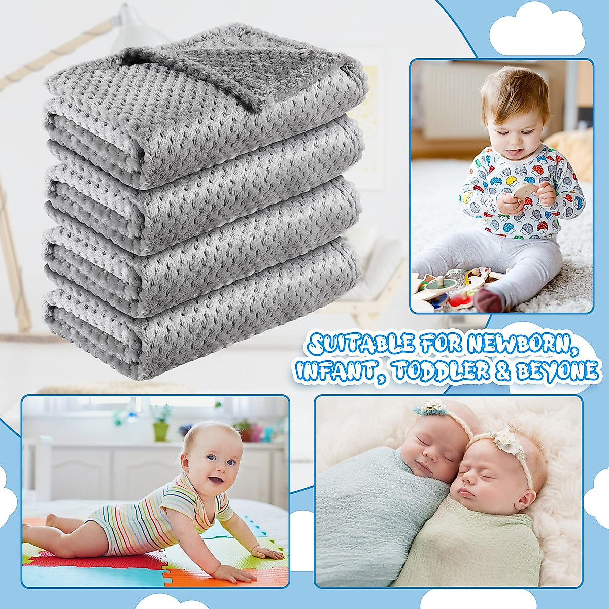 Kenning 4 Pcs Baby Fuzzy Blanket for Boys and Girl Warm Throw Blanket Soft Fleece Toddler Blanket Thermal Receiving Blankets