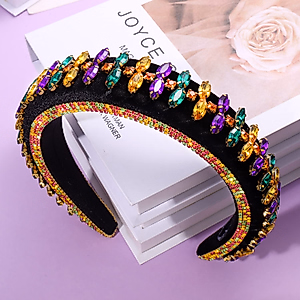 Crystal Mardi Gras Headband for Women Girls Sparkly Rhinestone Embellished Purple Green Yellow Hairbands Elastic Wide Carnival Hair Hoop Parade Headwear (Crystal)