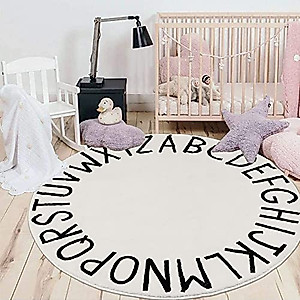 HEBE 4ft Round Kids ABC Rug Alphabet Nursery Rug for Bedroom Playroom Non Slip Educational Playmat Round Circle Carpet for Classroom Infant Toddlers,Milk White