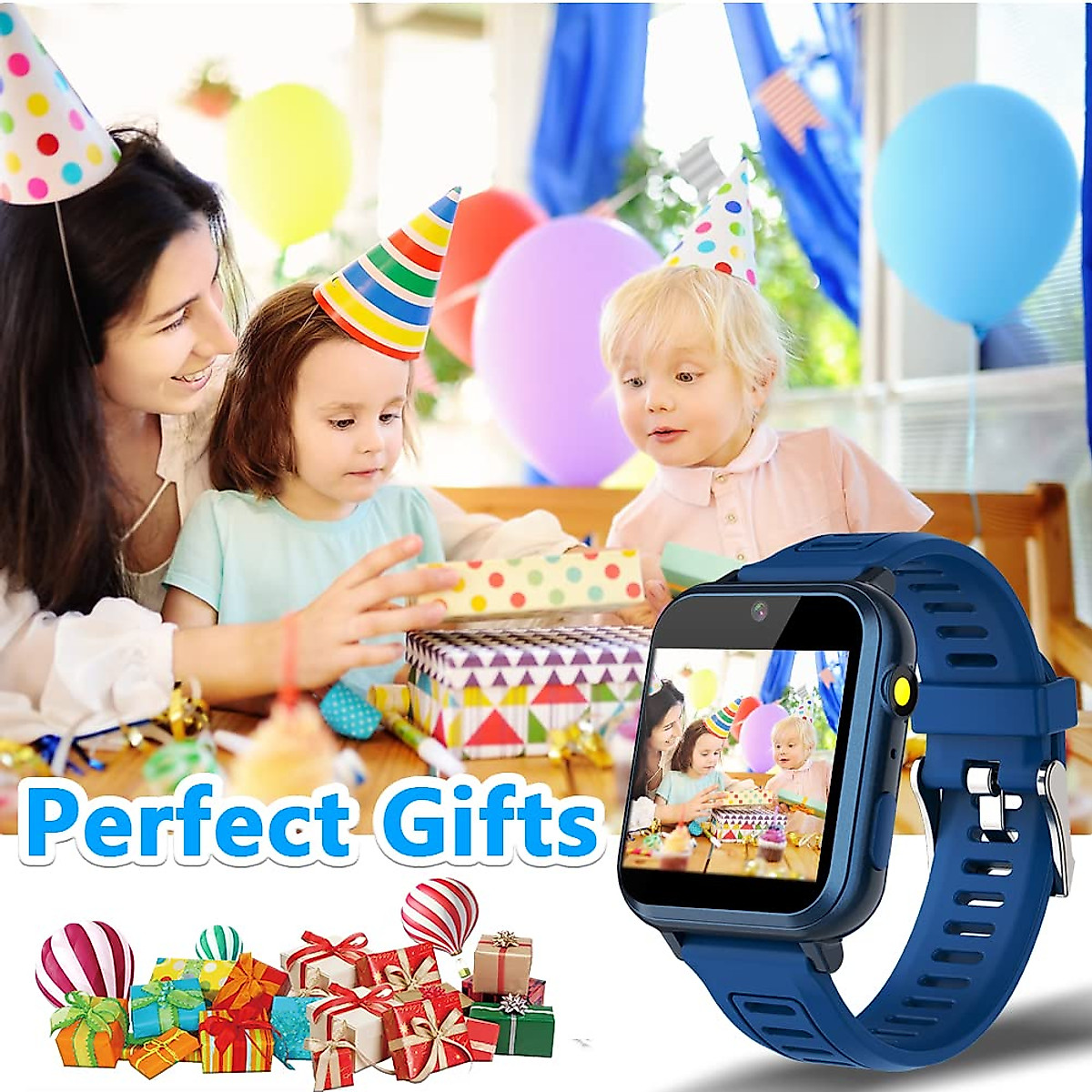 OVV Kids Smart Watch with 16 Puzzle Game for Boys Girls Ages 4-12 Selfie Camera Video Recorder Music Player Pedometer Flashlight 12/24 Hr Clock 1.54" Touch Screen Children Aluminum Case (1.Blue)