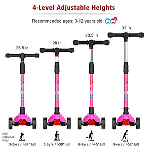 Allek Kick Scooter B02, Lean 'N Glide Scooter with Extra Wide PU Light-Up Wheels and 4 Adjustable Heights for Children from 3-12yrs (Rose Pink)