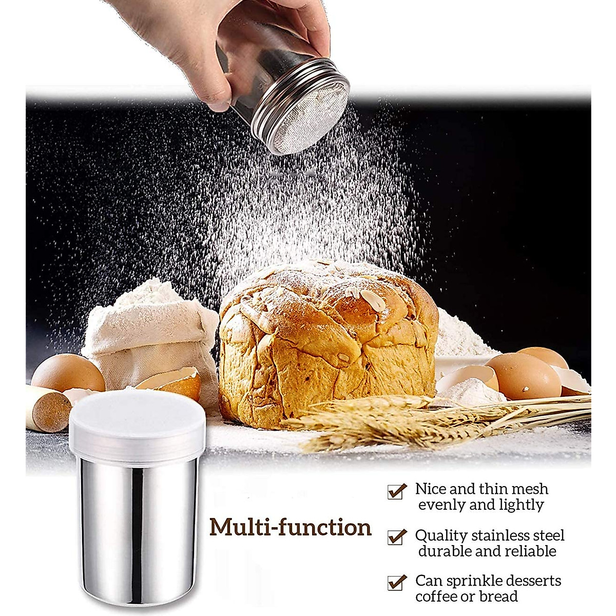 4 Pcs Flour Dusting Wand for Baking Kitchen, Powdered Sugar Flour Duster Dispenser Shaker for Sugar, Flour and Spices, Pick Up and Dust Flour Sifter, 18/8 Stainless Steel, Printing Molds Stencils