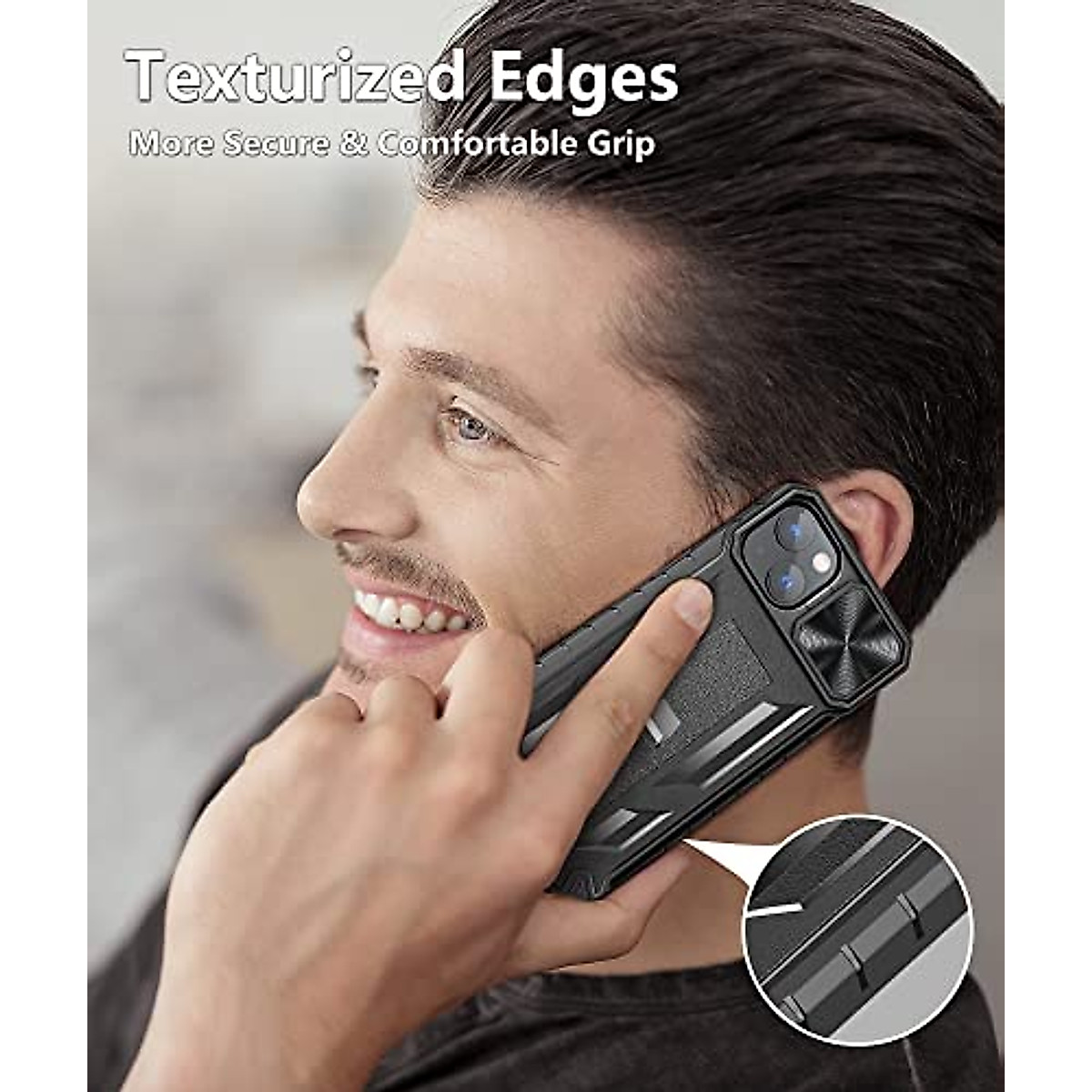 SOiOS for iPhone 13 Mini & 12 Mini Rugged Case: with Kickstand & Slide 13mini 12mini Protective Cell Phone Cover Military Grade Drop Protection Durable Tough Hard | Shockproof Textured Bumper- Black