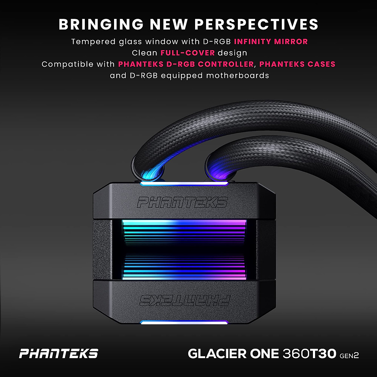 Phanteks (PH-GO360T30_DAG02) Glacier One 360T30 Gen 2 D-RGB AIO Liquid CPU Cooler, 360mm Radiator, Infinity Mirror Pump Cap Design, Aluminum Covers, 3X T30-120 Premium High-Performance Fans, Black