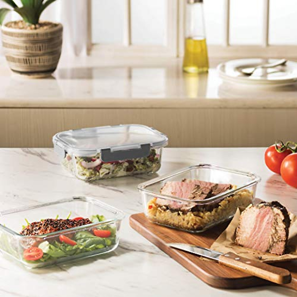 FineDine 6-Piece Superior Glass Food Storage Containers Set, 35oz Capacity - Newly Innovated Hinged Locking lids - 100% Leakproof Glass Meal-Prep Containers, Freezer-to-Oven-Safe (Grey)