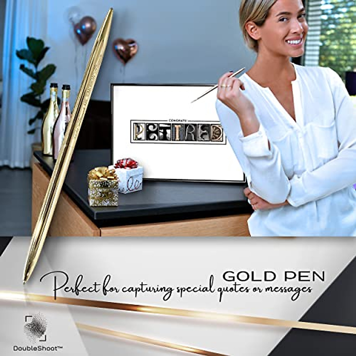 DOUBLESHOOT Framed Retirement Guest Book for Men 12"x16" Black Frame, Party Decorations - including Gold Pen & Acrylic Glass - Retired Guestbook Centerpieces, Party Decor Gifts for Him