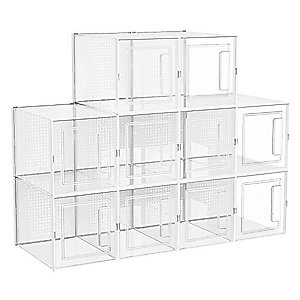 SONGMICS Plastic Shoe Boxes, Tall Shoe Storage Organizers for High Heels, Ankle Boots, High Tops, Pack of 10, Stackable and Foldable, Clear Front Door, Transparent ULSP001W01
