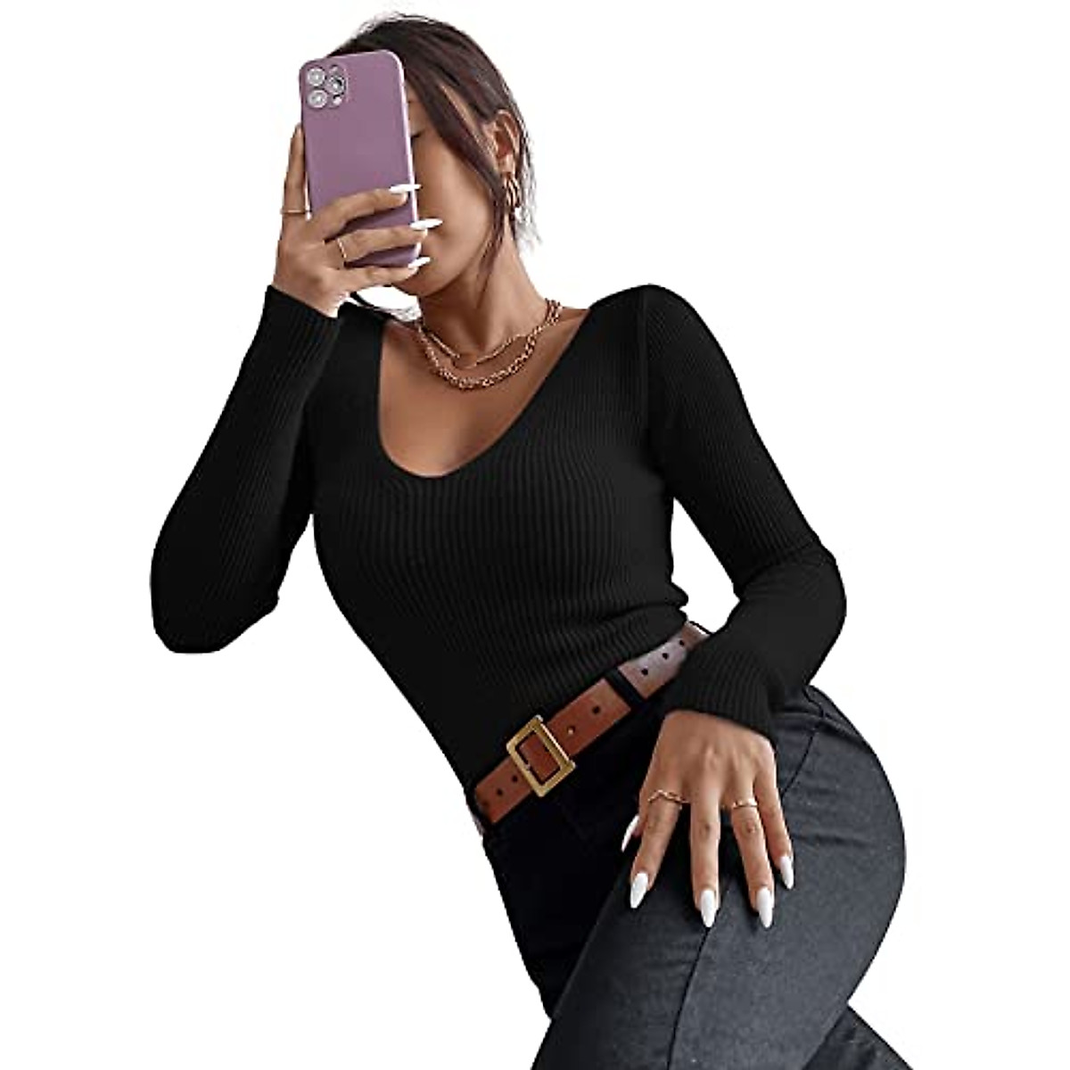SweatyRocks Women's Casual Long Sleeve V Neck Top Solid Ribbed Knit Pullover Sweater Black S