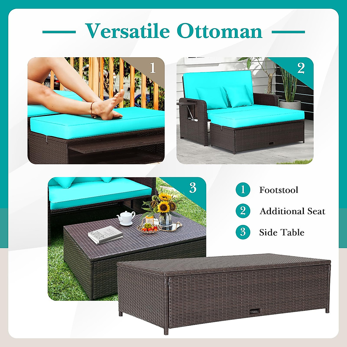 RELAX4LIFE Wicker Patio Outdoor Daybed - Rattan Day Bed Lounger with Loveseat & Storage Ottoman, Sunbed Sofa Set w/Cushions, 4-Level Adjustable Backrest & 2 Retractable Trays, Patio Daybed (Turquoise)