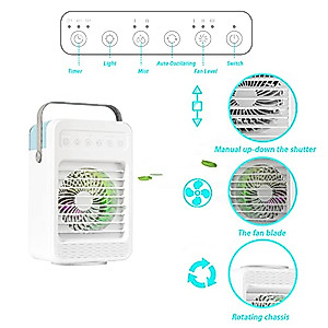 Portable Air Conditioner, 120°Oscillating Evaporative Personal Air Cooler with 4 Speeds Rainbow LED Light,2 Spray Humidify,2/4/6H Timer,600ml Tank,Low Noise, Desktop Office, Home, Bedroom, Dormitory