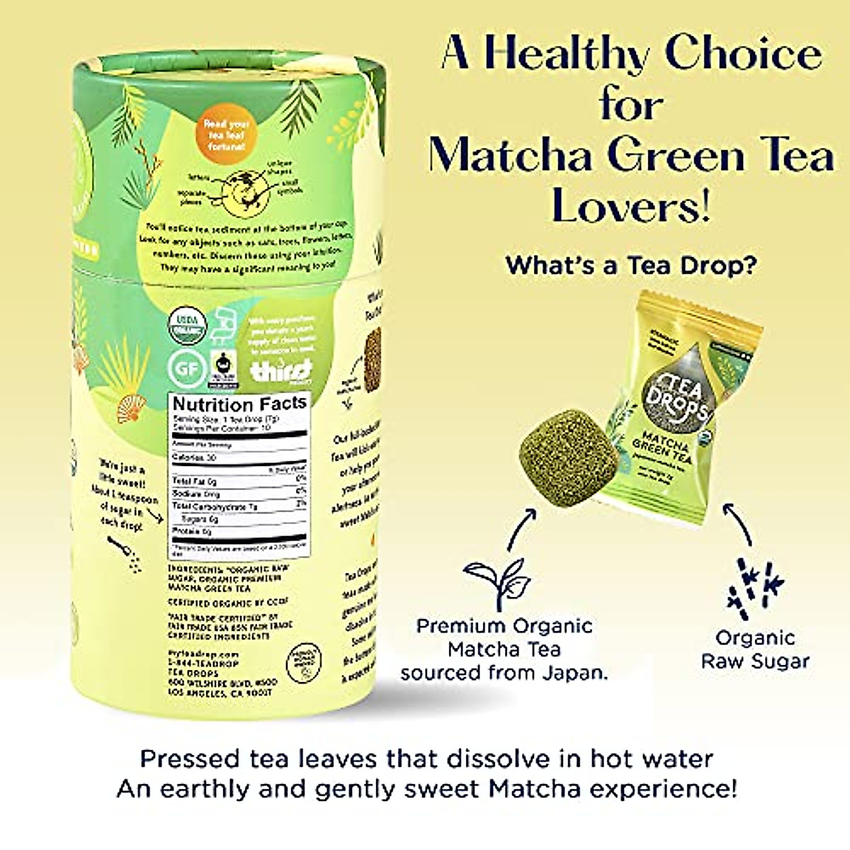 Tea Drops Lightly Sweetened Organic Tea Bulk Box | Matcha Green Tea | Iced or Hot Bagless Instant Tea Beverages Gift Set | Includes Premium Organic Japanese Matcha Powder | 10 Drops per Box