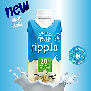 Ripple Vegan Protein Shake, Vanilla | 20g Nutritious Plant Based Pea Protein in Ready to Drink Cartons | Non-GMO, Non-Dairy, Soy Free, Gluten Free, Lactose Free | Shelf Stable | 11 Fl Oz (4 Pack)