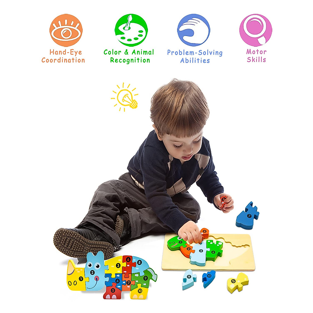 4 Pack Wooden Animal Puzzles for Toddlers 1 2 3 4 Years Old Boys & Girls, Montessori Toys for Kids Ages 1-4 with 4 Animal Patterns, Preschool Educational Toys Bright Vibrant Color Shapes