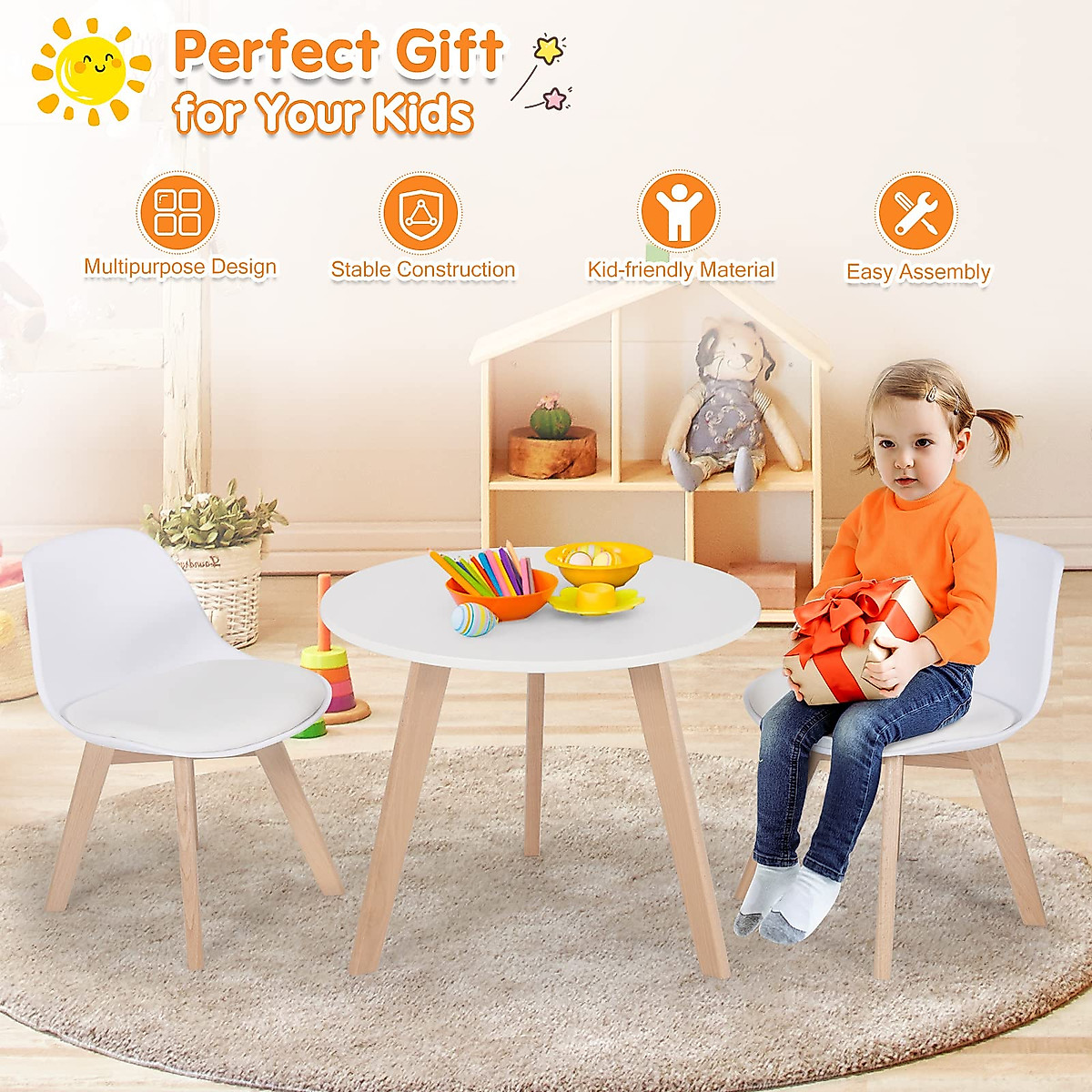 KOTEK Kids Table and Chair Set, Kids Activity Table and 2 Chair with Padded Seat for Ages 3-8, Toddler Table Set for Playroom, Kindergarten, Bedroom
