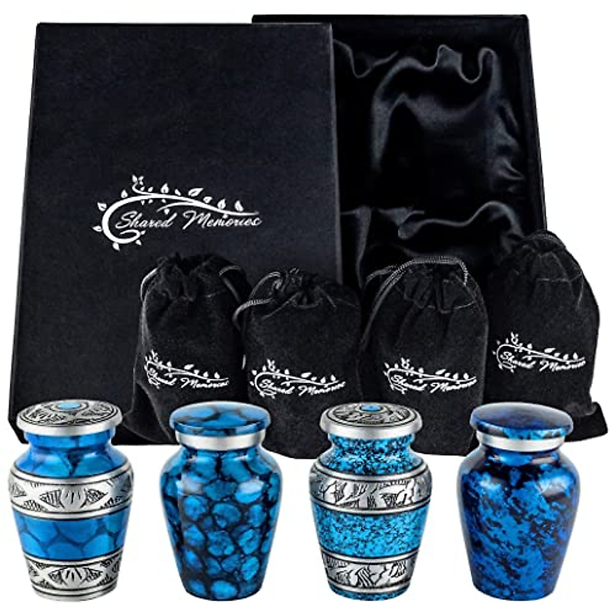Shared Memories Cremation Urns for Human Ashes - 4 Small Keepsake Mini Urns for Human Ashes | Beautiful Engraved Funeral Urn for Human Ashes in Keepsake Box (Blue, 4)