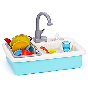 Foxswov Kitchen Play Sink Toys, Fun & Educative Kids Toy Sink, Electric Dishwasher Playing Toy with Running Water for Toddler - 20 Piece Pretend Play Toy for Boys and Girls
