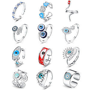 Sanfenly 12PCS Evil Eye Rings for Women Gold Plated Silver Eye Rings Aesthetic Trendy Cubic Zirconia Adjustable Open Ring Set