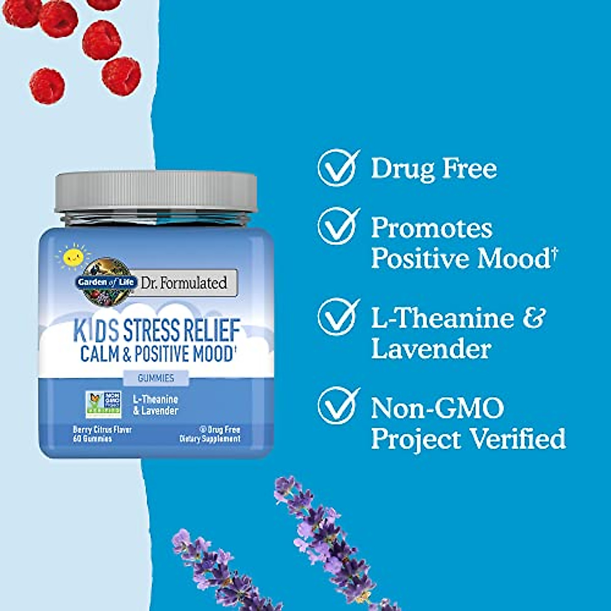 Garden of Life Stress Relief Gummies for Kids, Non-GMO Supplement for Calm & Positive Mood, Berry Citrus 60 Count, Vegan Energy Support L-Theanine Lavender Gummy Vitamin, Dr Formulated, 30 Day Supply